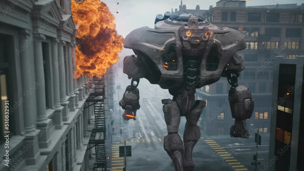 Alien Robot Invader walking through a burning and smoky city ...