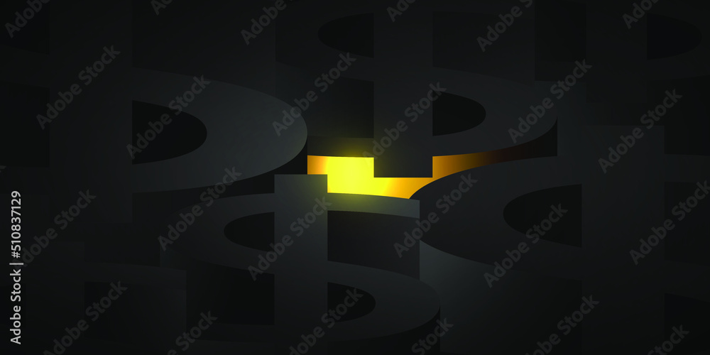 Abstract background with dark dollar symbols with a golden glow rising ...