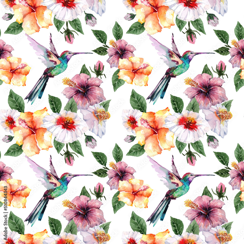 Seamless tropical pattern hummingbird bird, bouquets of hibiscus ...
