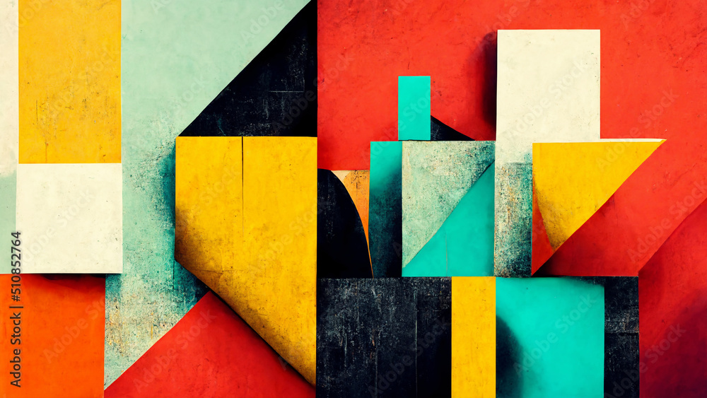 abstract geometric yellow gold red blue teal background with layers of ...