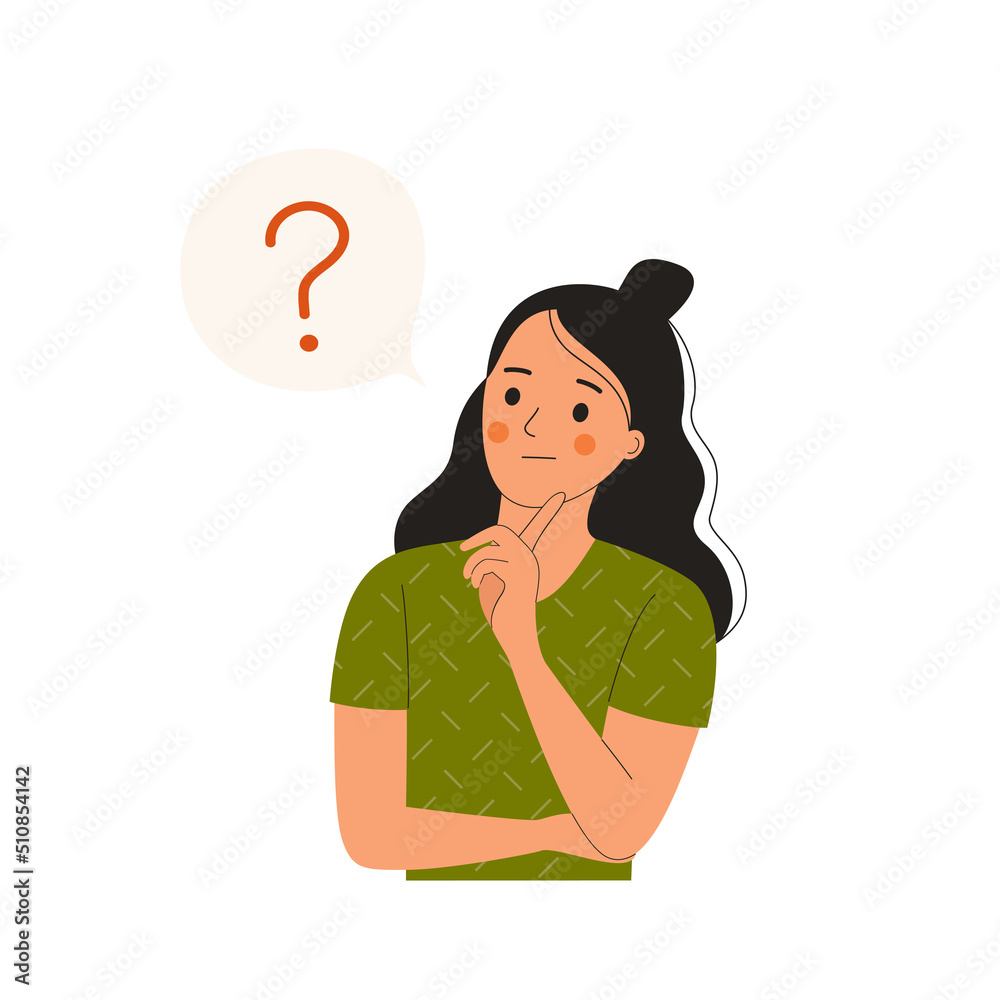 Young woman with question mark in think bubble. Flat style cartoon vector illustration. Stock ...