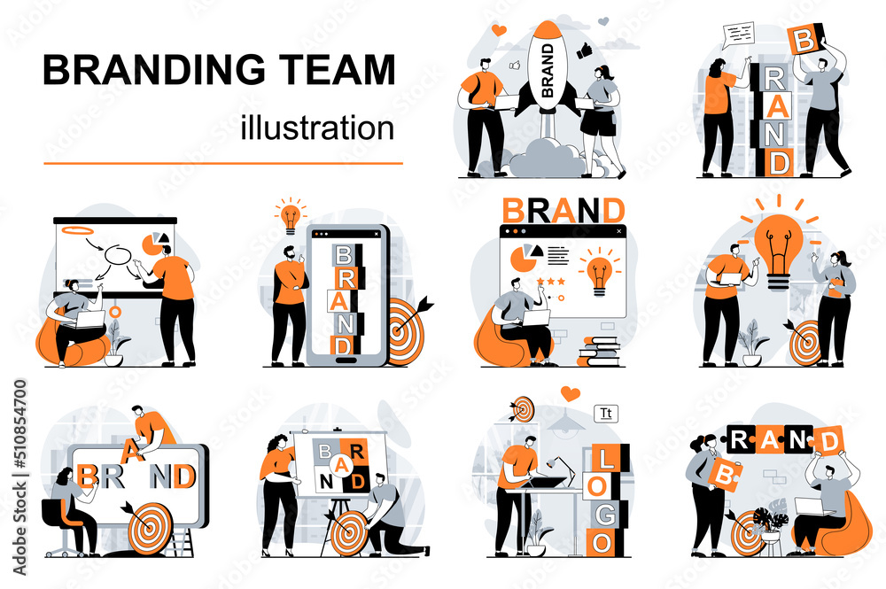 Branding team concept with people scenes set in flat design. Women and ...