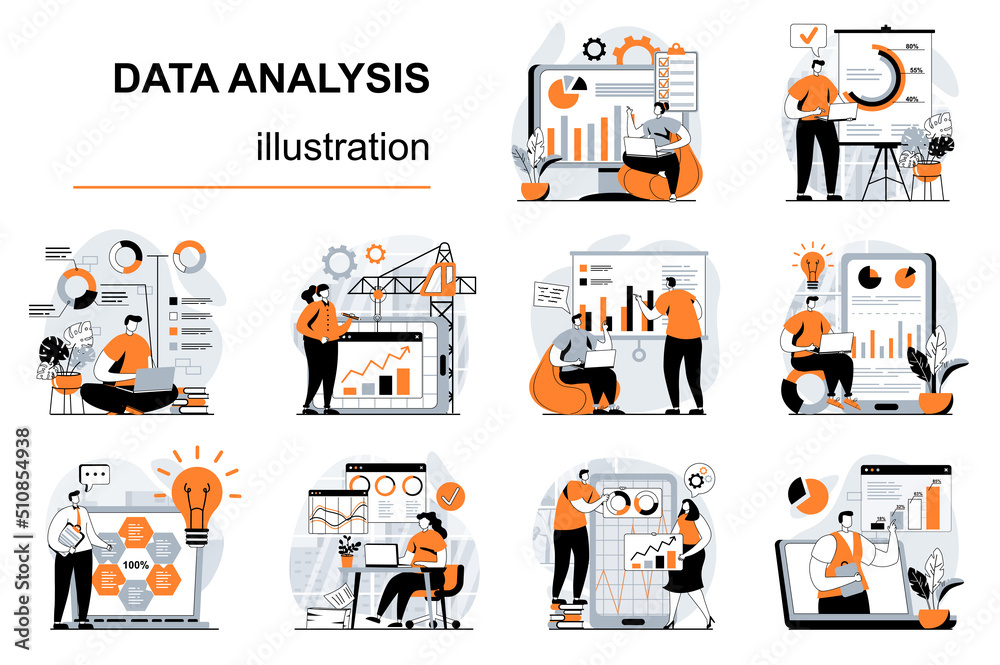 Data analysis concept with people scenes set in flat design. Women and ...