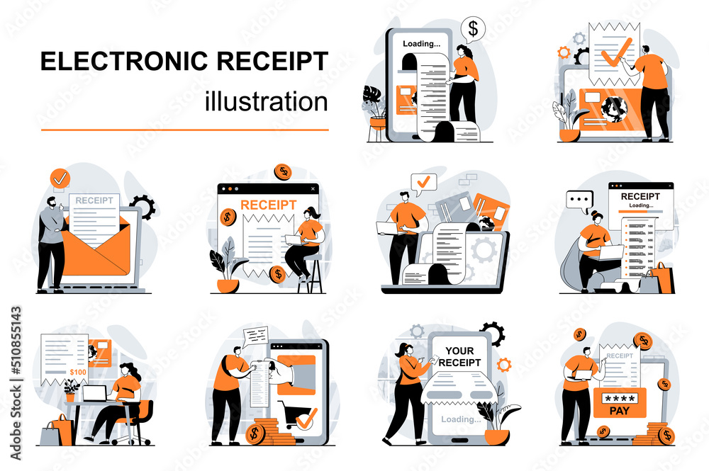 Electronic receipt concept with people scenes set in flat design. Women ...