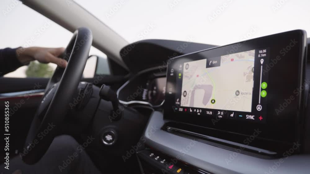 A map and GPS on the touchscreen system on the dashboard in a driven ...