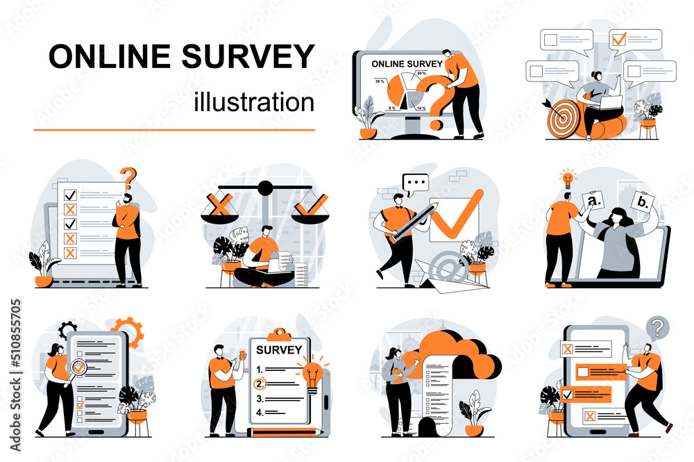 Online survey concept with people scenes set in flat design. Women and ...