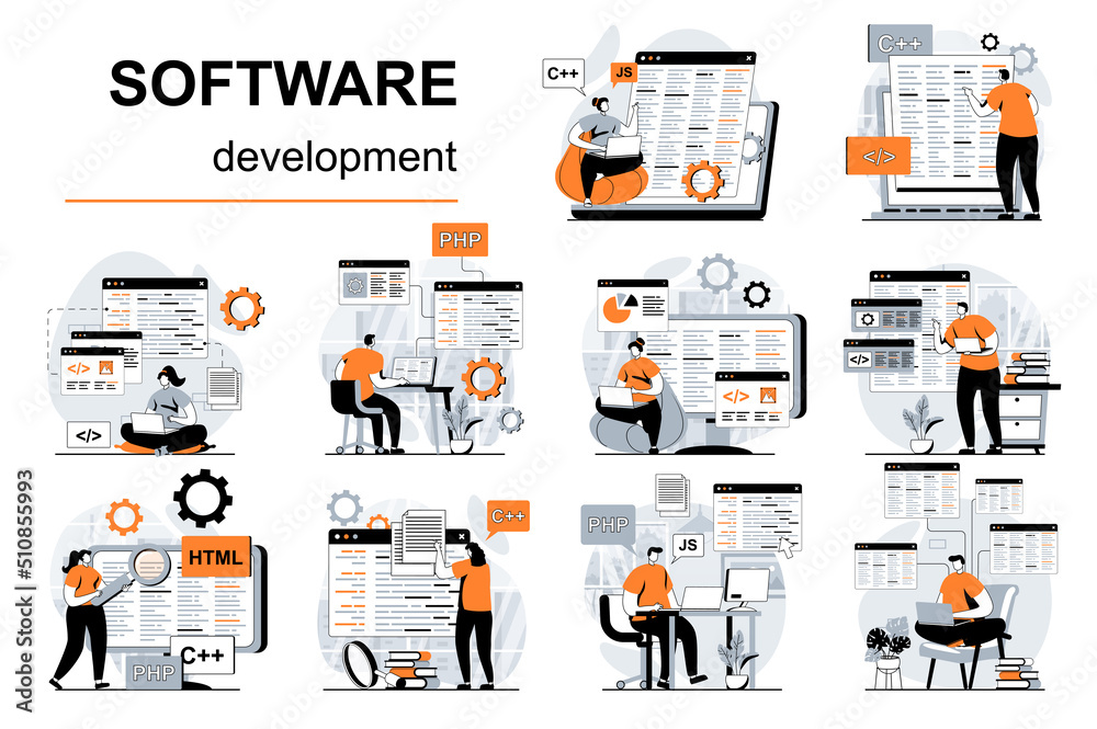 Software development concept with people scenes set in flat design. Women and men creating apps ...