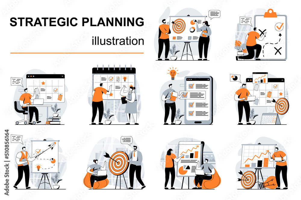 Strategic planning concept with people scenes set in flat design. Women ...