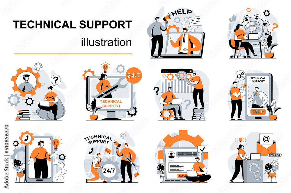 Technical support concept with people scenes set in flat design. Women ...