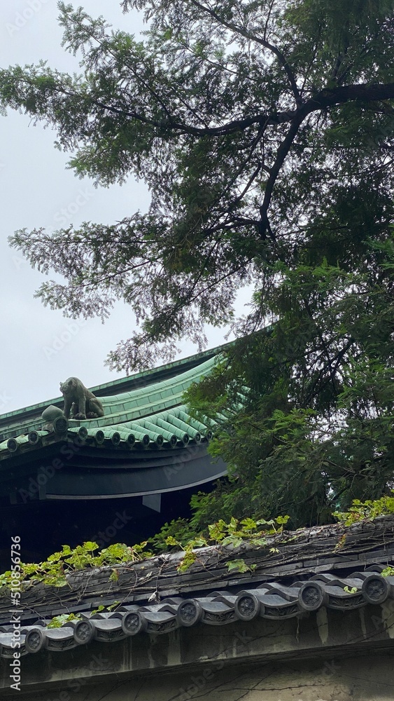 Poster The long display of traditional Japanese rooftop tiles, with ...