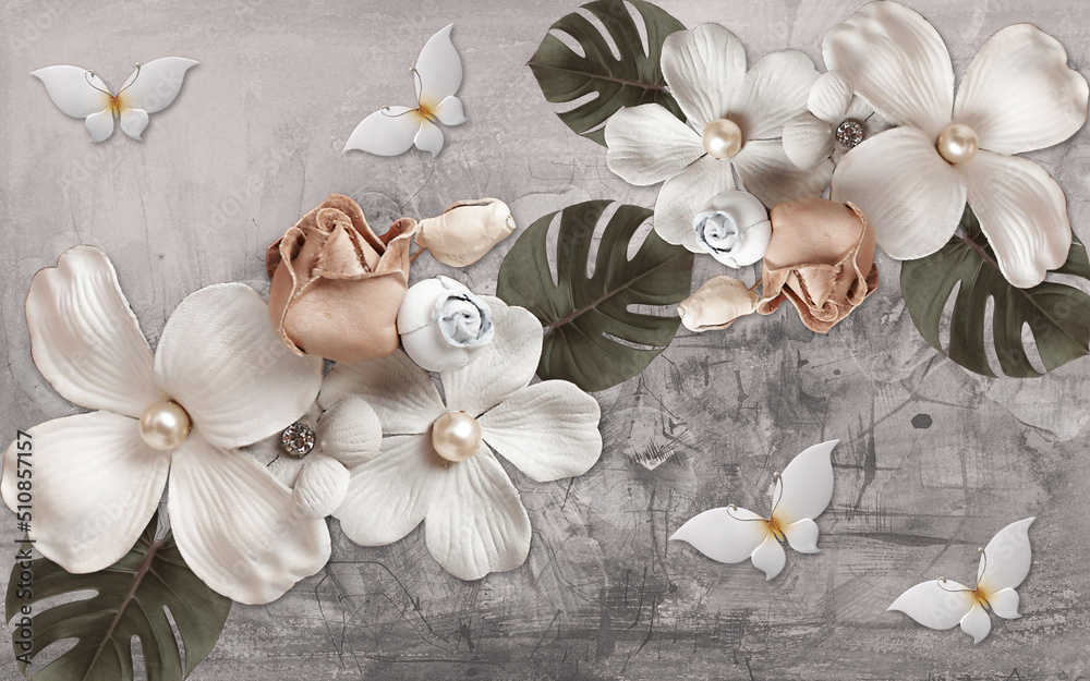 3d wallpaper colorful gypsum flowers on marble background with white ...