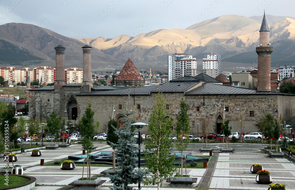 Poster Erzurum city center with Ulu Camii mosque and Cifte Minareli ...