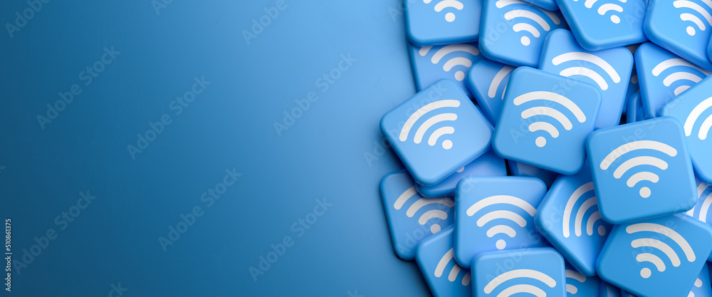 Wifi Logos on a heap on a table. Copy space. Web banner format. Stock Photo | Adobe Stock