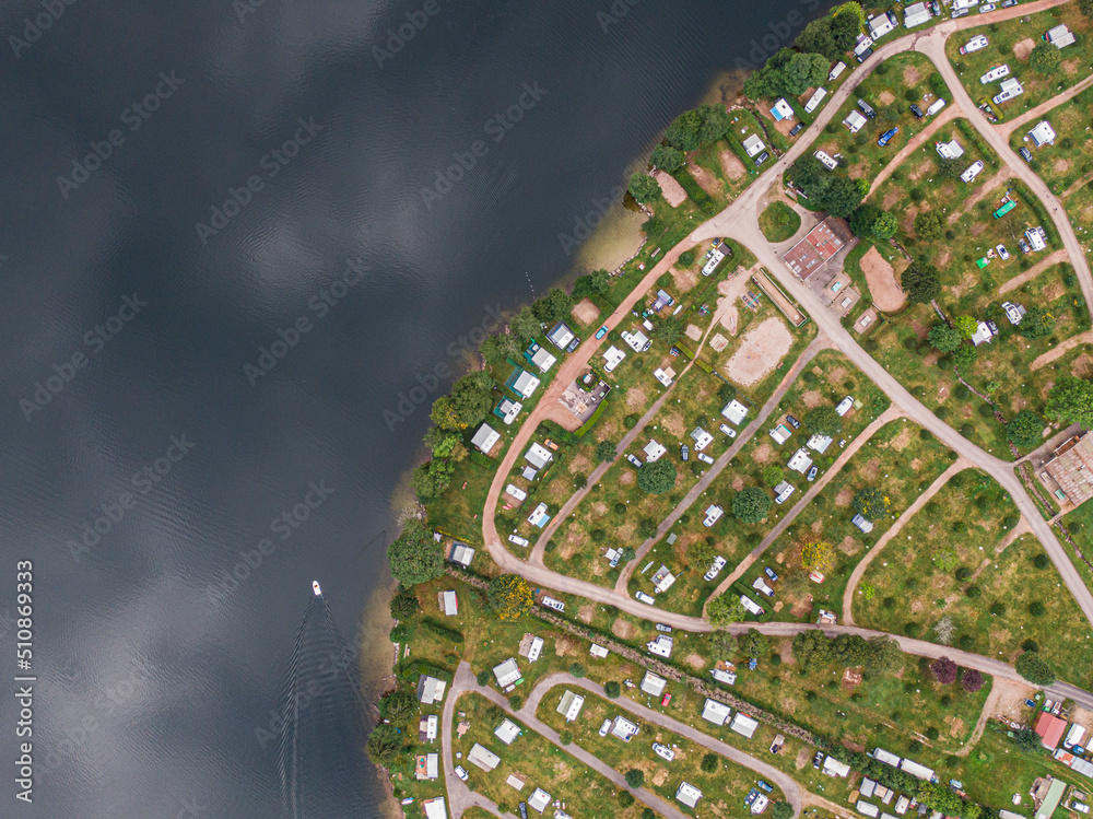 Longemer lake camping resort next to the lake water, Voges, France ...