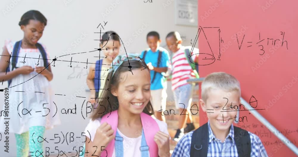 Animation of math formulas over diverse pupils walking on school ...
