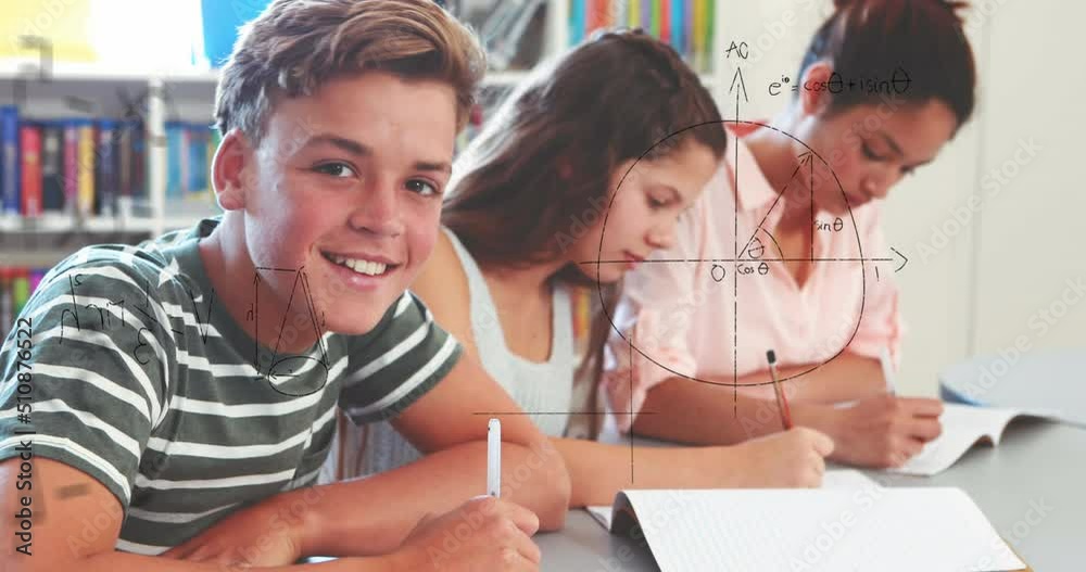 Animation of math formulas over diverse pupils learning at school Stock ...