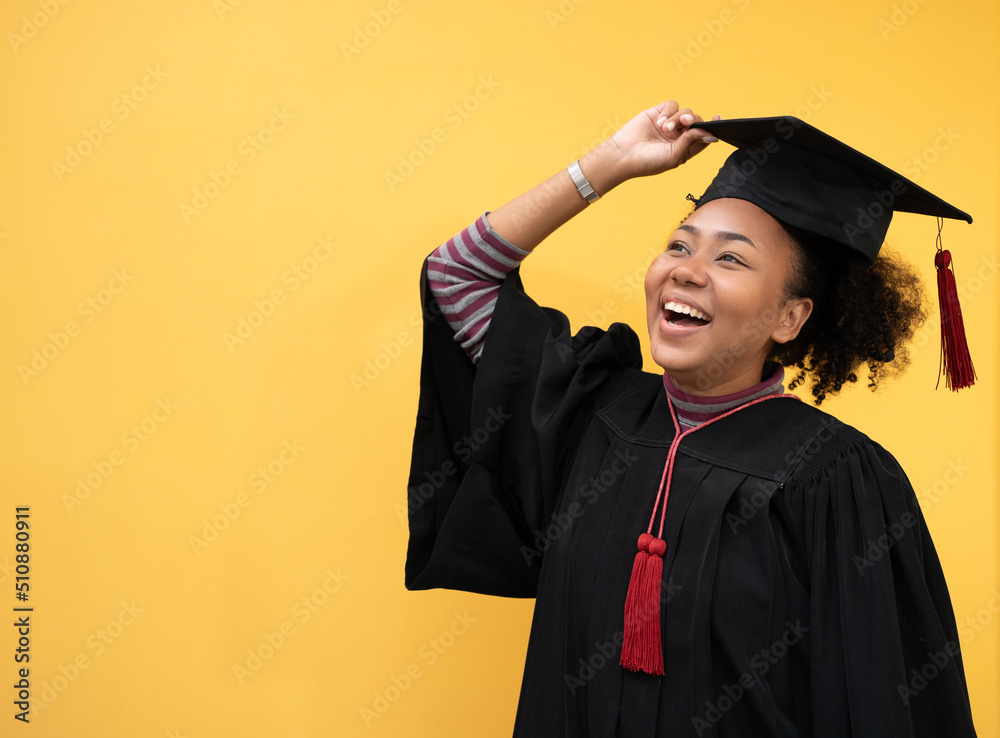 Pretty African american woman with black hair graduate bechalor degree ...