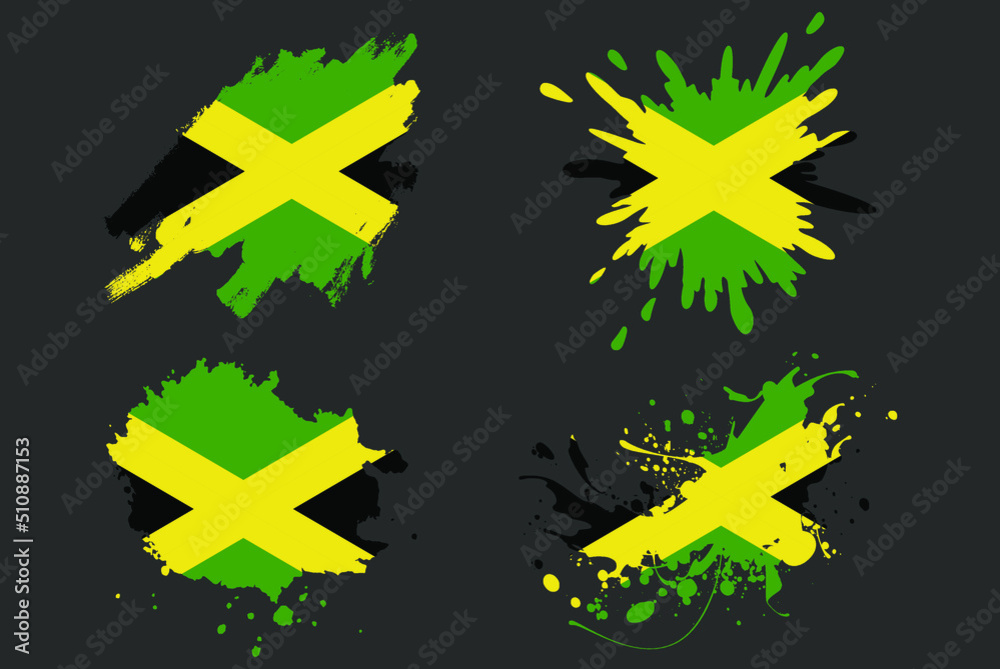 Jamaica flag brush splash vector set, country logo asset, paint grunge ...