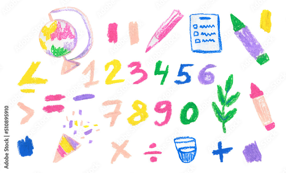 Set of illustrations for the day of knowledge drawn with wax crayons. A ...