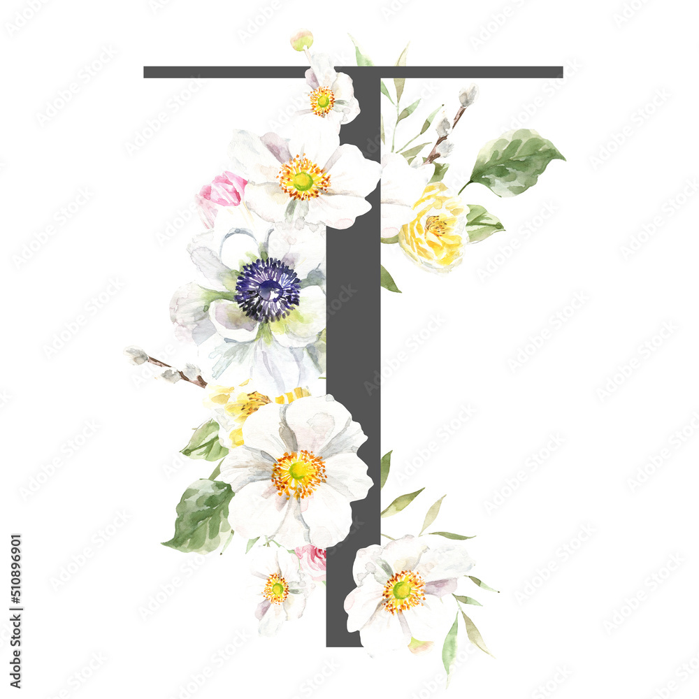 Watercolor Grey Spring Floral Alphabet letter T with flowers. Easter ...
