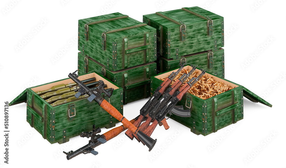 Anti-tank guided missiles and assault rifles with military wooden ammunition box. 3D rendering ...