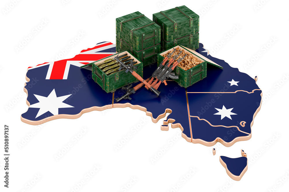 Australian map with weapons. Military supplies in Australia, concept ...