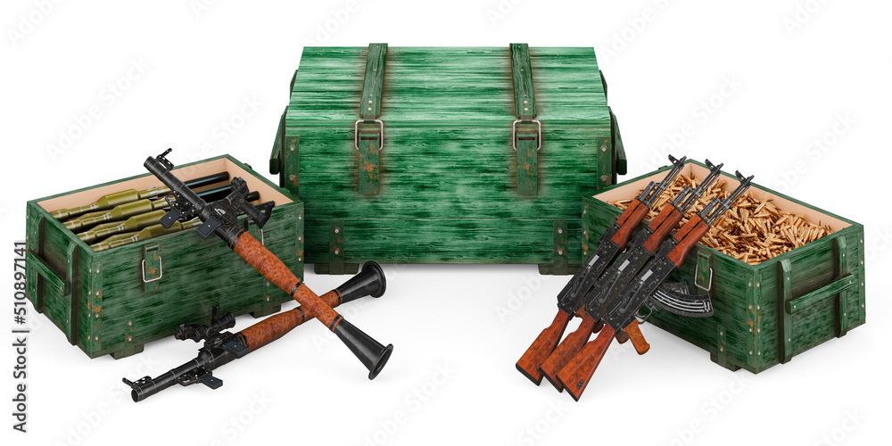 Anti-tank guided missiles with ammo crate full of rockets and assault ...