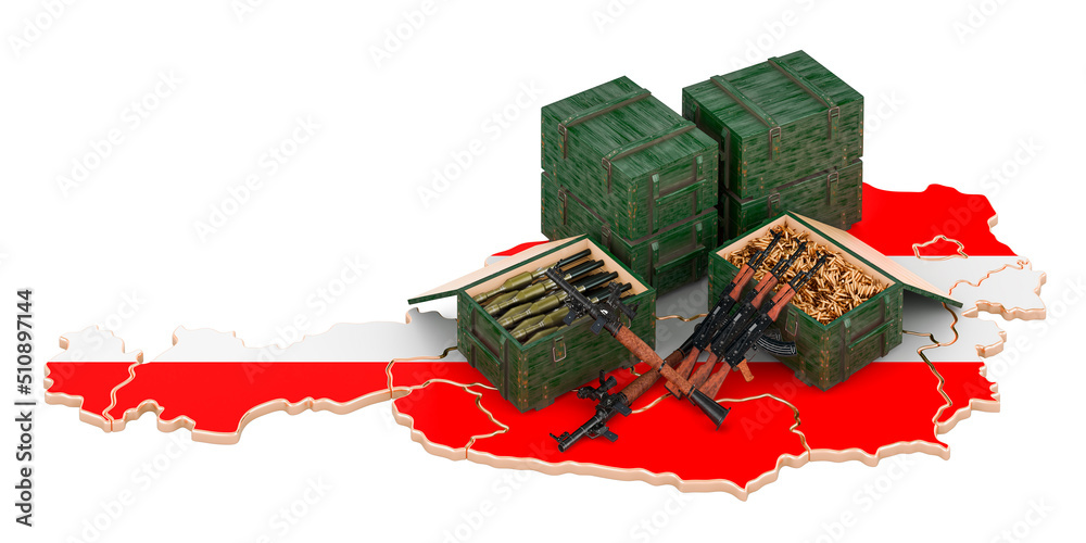 Austrian map with weapons. Military supplies in Austria, concept. 3D ...