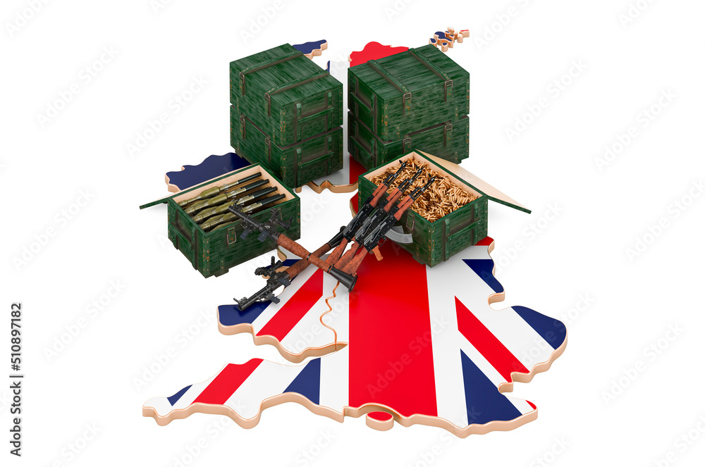 British map with weapons. Military supplies in the Great Britain ...