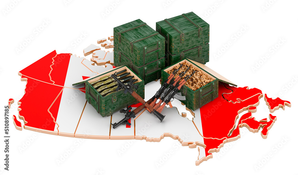 Canadian map with weapons. Military supplies in Canada, concept. 3D ...