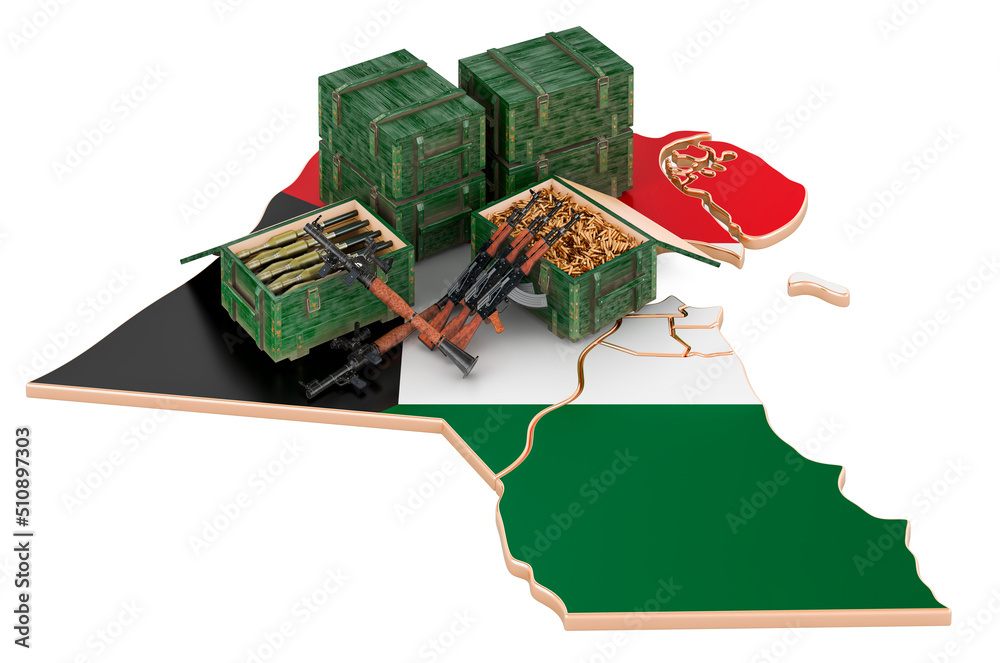 Kuwaiti map with weapons. Military supplies in Kuwait, concept. 3D ...