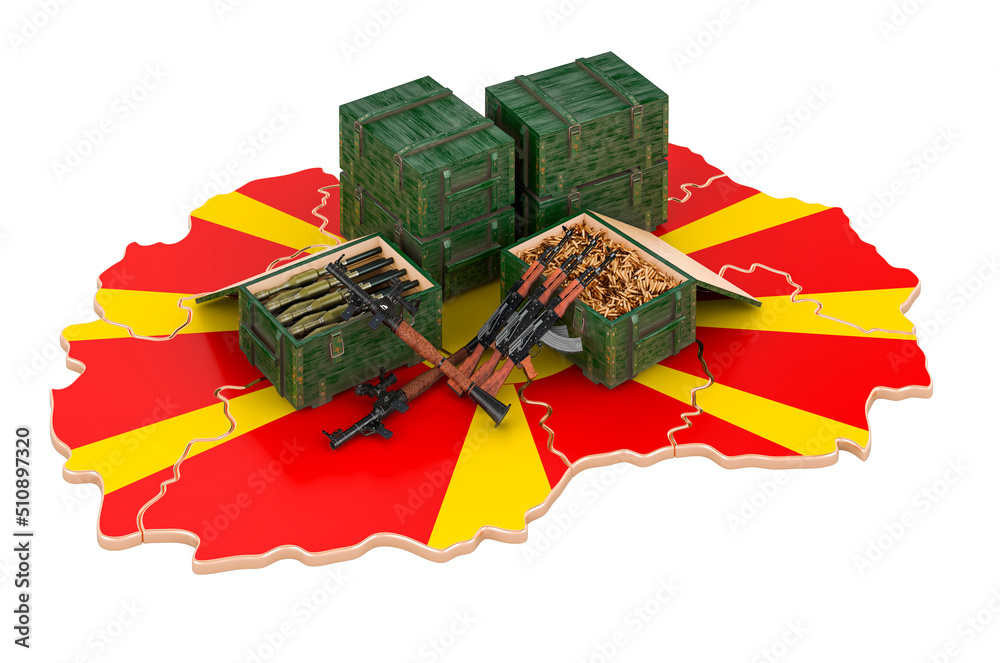 Macedonian map with weapons. Military supplies in Macedonia, concept. 3D rendering Stock ...