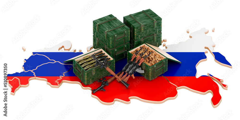 Russian map with weapons. Military supplies in Russia, concept. 3D ...