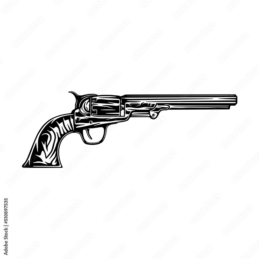 Vintage retro hand gun type revolver pistol. Woodcut engraving and line ...