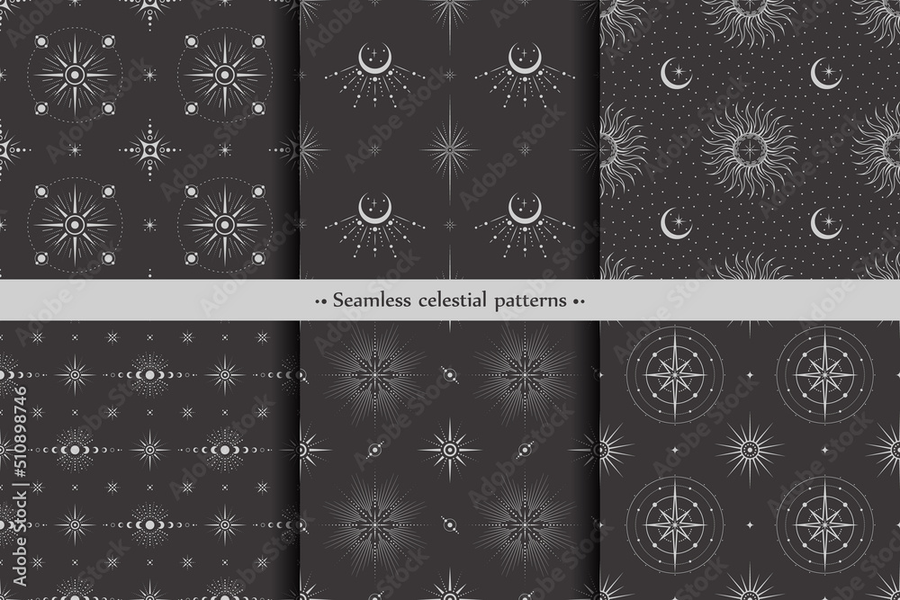 Set of seamless dark celestial patterns with ornate shiny suns ...