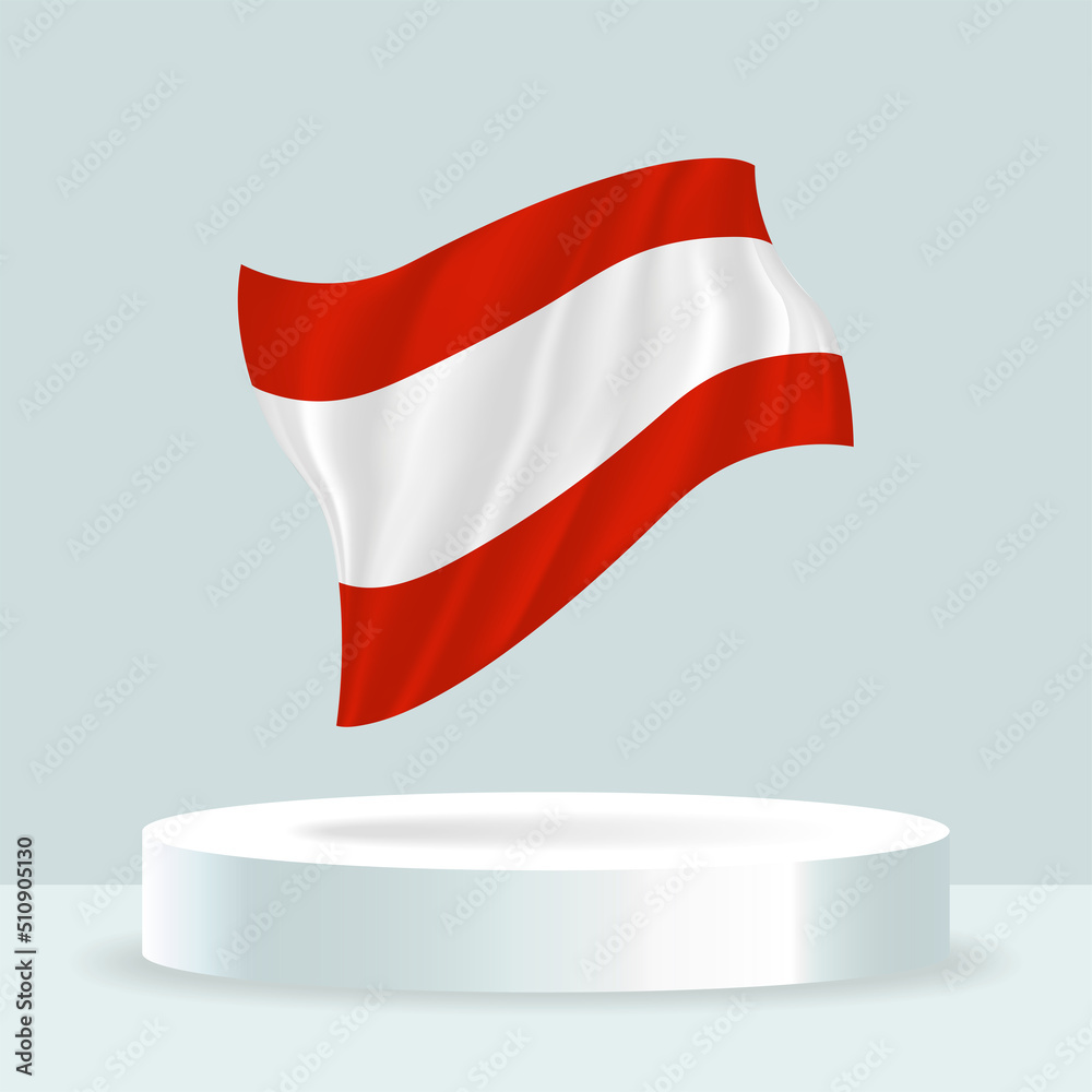 Austrian flag. 3d rendering of the flag displayed on the stand. Waving ...