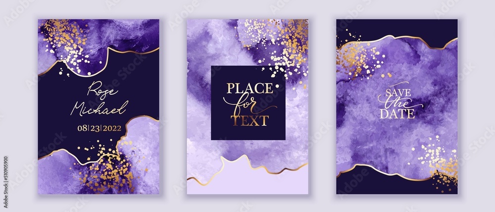 Elagant, chic background. Violet, lilac watercolor texture. Golden ...
