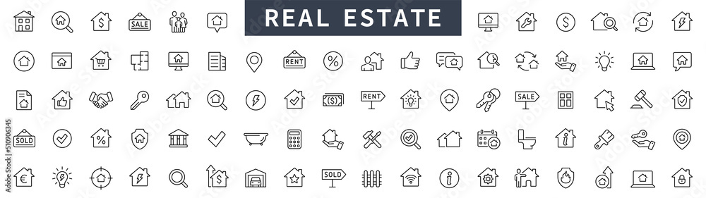 Real Estate thin line icons. Real estate symbols set. Home, House ...