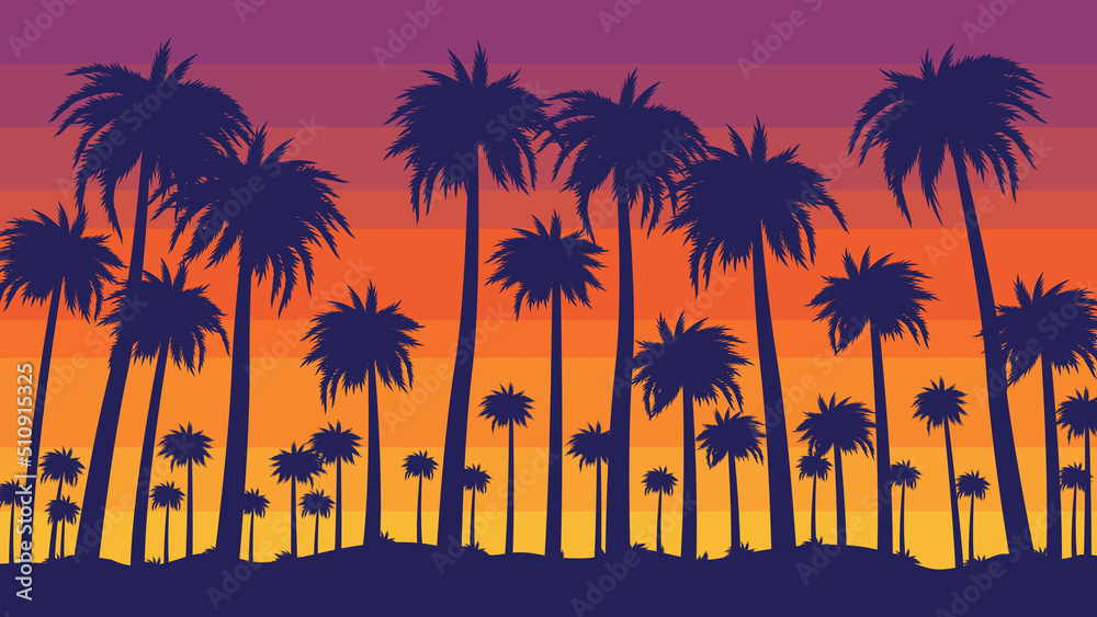 Retro beach sunset. Evening California palm trees, tropical paradise ...