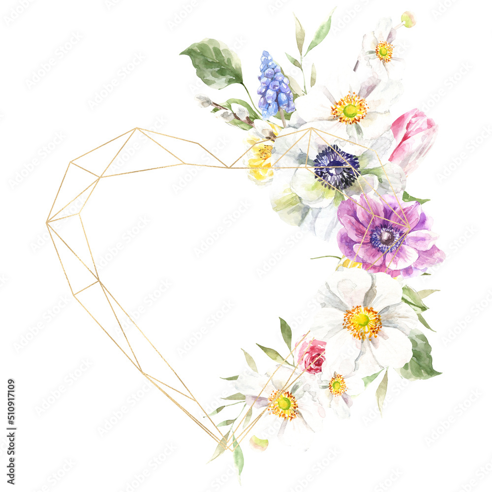 Watercolor spring floral heart shape frame , Easter flower geometric ...
