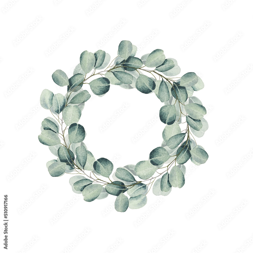 Watercolor eucalyptus frame, wreath. Green leaves branch on a white ...