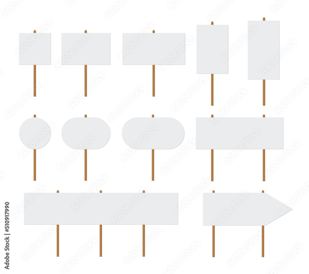 Blank sign on a picket stick. Set of white blank protest banners. White ...