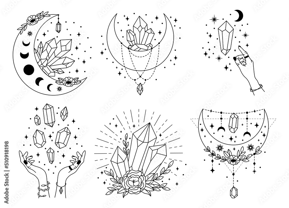 Mystery crystals. Line art celestial gems, moon crystal and mystical ...