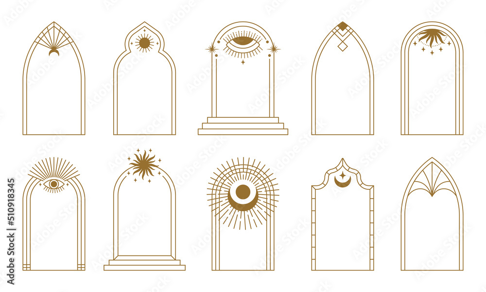 Boho arch frame collection. Bohemian line art frames with sun rays, all ...