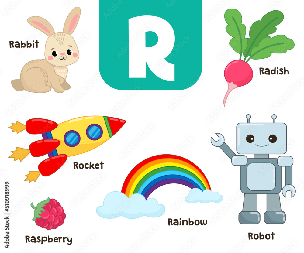English alphabet in pictures — Children's colored letter R — vector ...