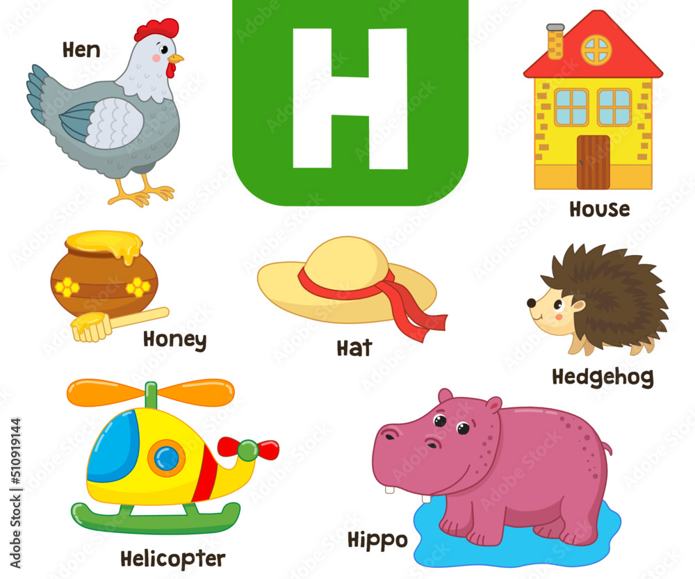 English alphabet in pictures — Children's colored letter H — vector ...