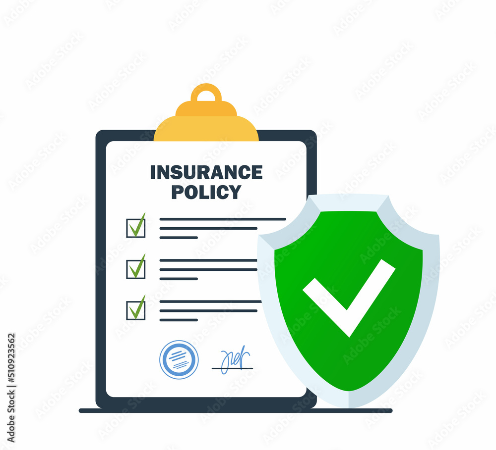 Insurance policy on clipboard and Green Shield protection sign. Company ...