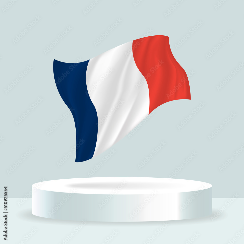 France flag. 3d rendering of the flag displayed on the stand. Waving ...