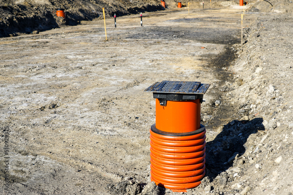 New gutter system for rainwater sewer, cast iron grating and brown ...