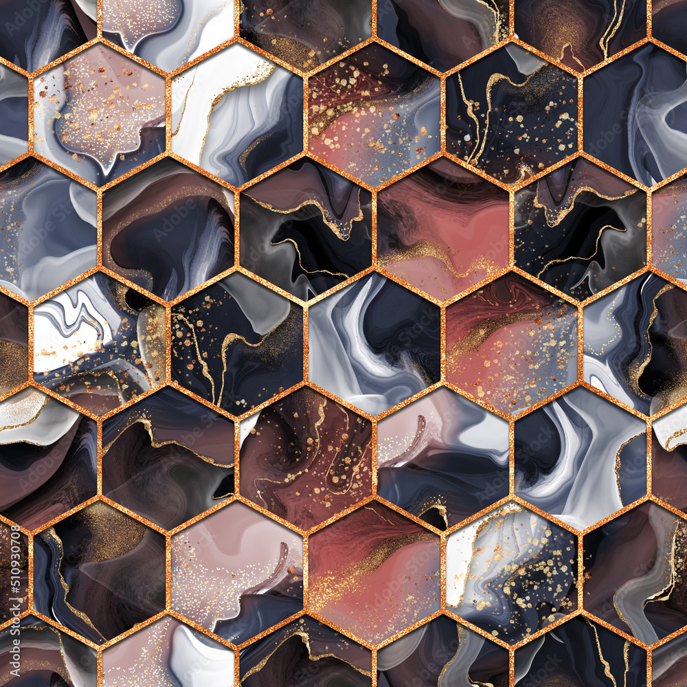 Ink hexagon seamless texture with gold. Abstract background Stock ...